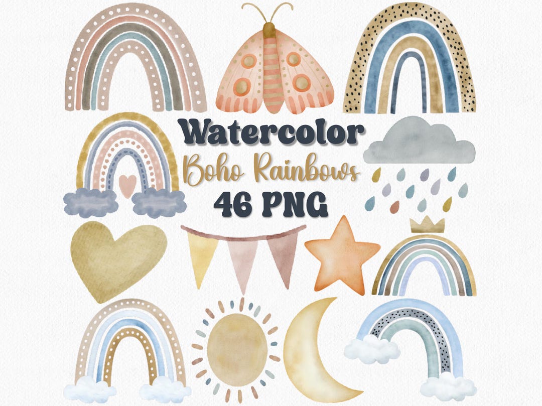 Watercolor Boho Rainbow Clipart Set: Pastel Nursery Art (46 PNG) - Etsy