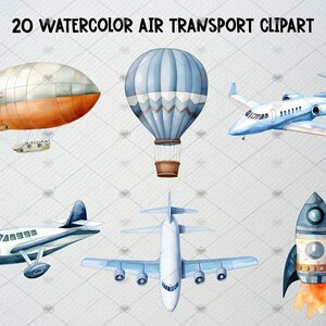 Watercolor Air Transport Clipart Set, Hot Air Ballon Clipart, Airplane ...