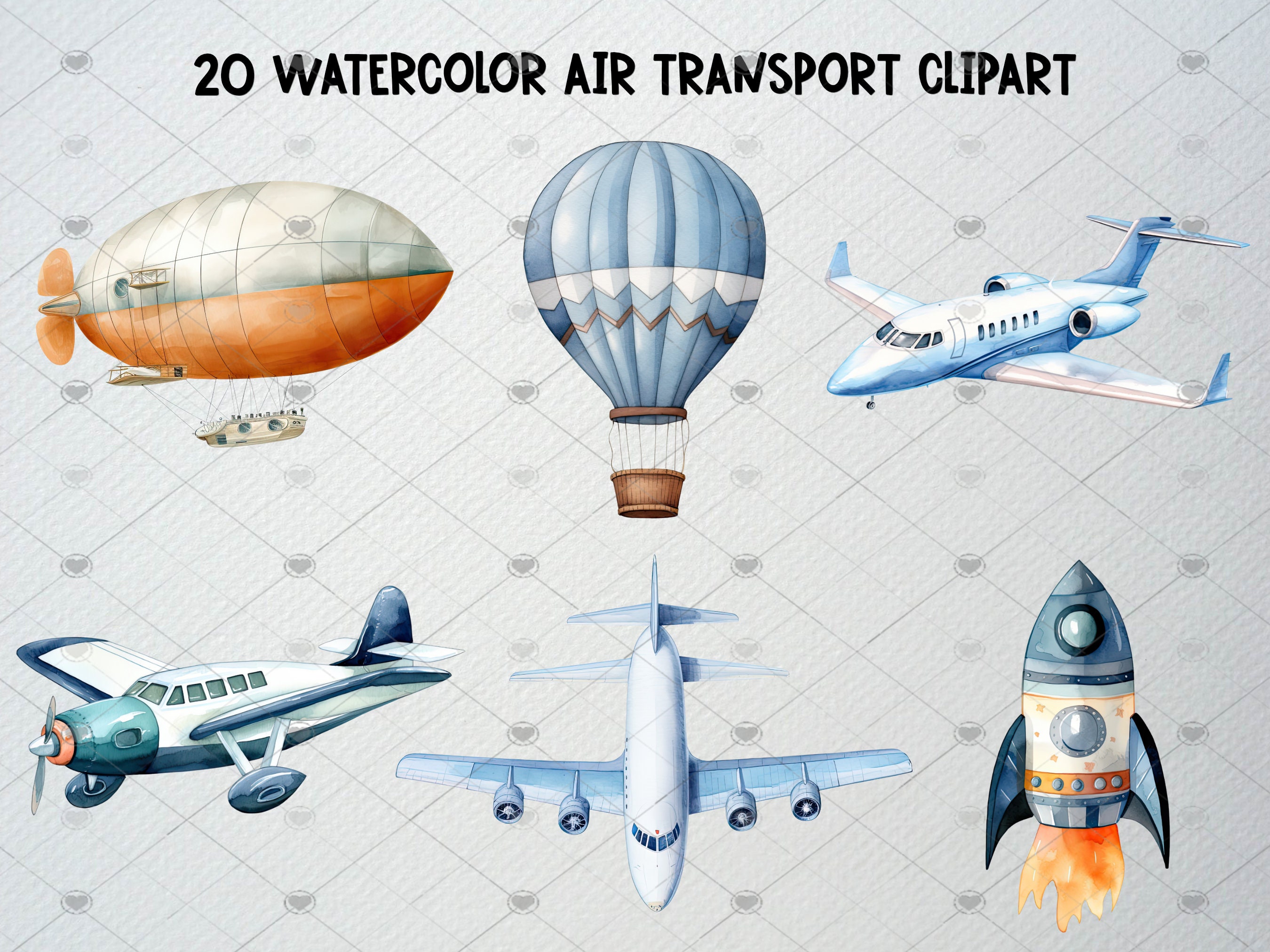 Watercolor Air Transport Clipart Set, Hot Air Ballon Clipart, Airplane ...