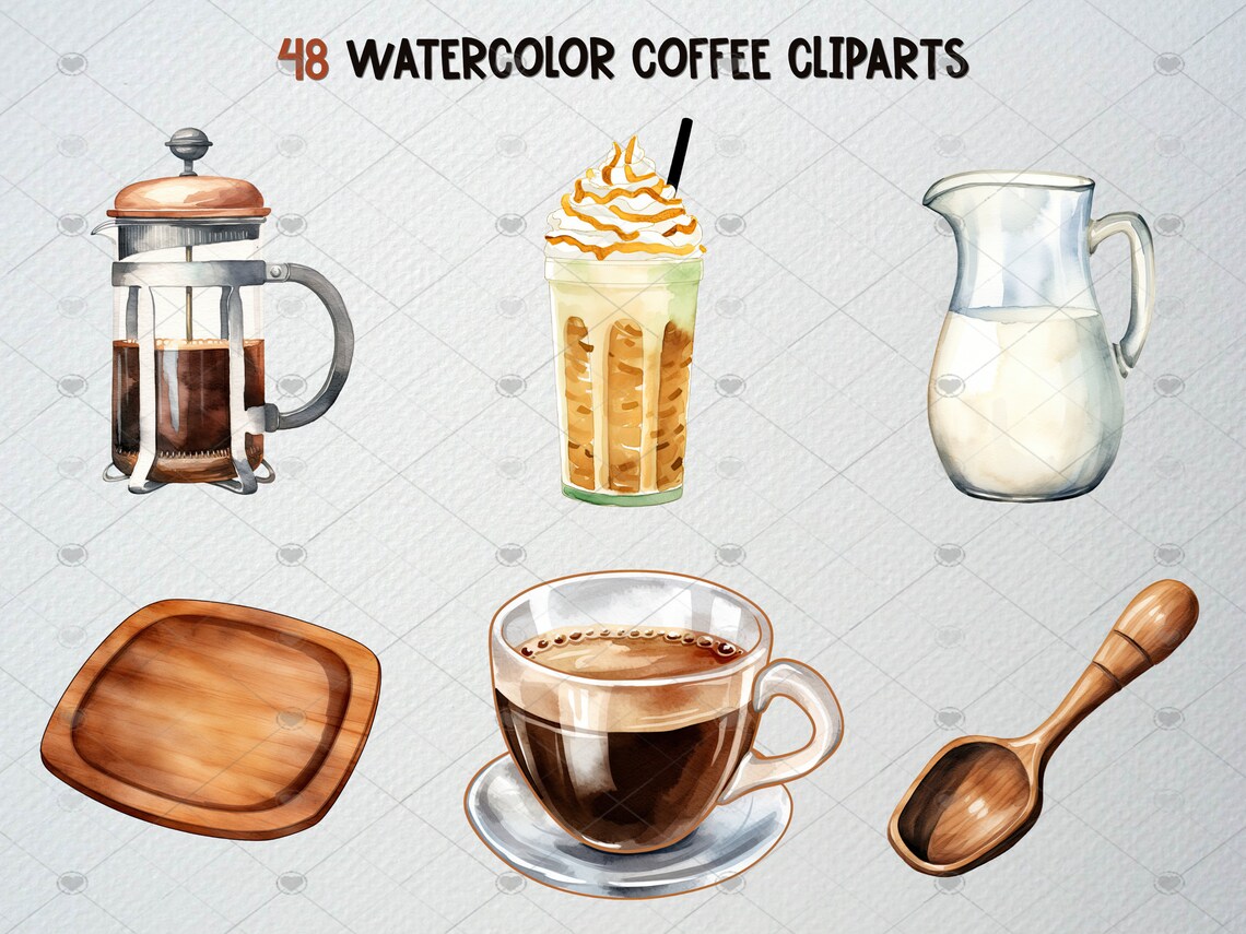 Watercolor Coffee Clipart Set of 48 PNG Files, Beverage Clipart ...