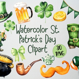 Watercolor St. Patrick's Day Clipart Set of 30 PNG Files, Clover ...