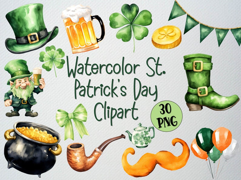 Watercolor St. Patrick's Day Clipart Set of 30 PNG Files, Clover ...