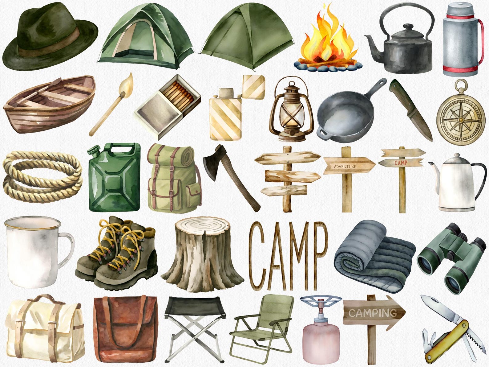 Watercolor Camping Clipart: Outdoor Adventure PNG Set (72 Files) - Etsy