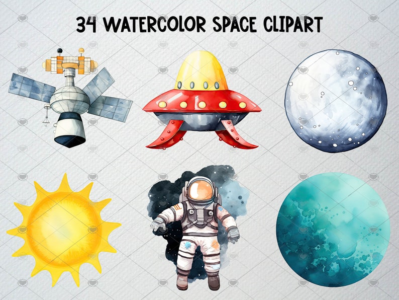 Watercolor Space Clipart Set of 34 PNG Files, Alien Clip Art, Moon ...