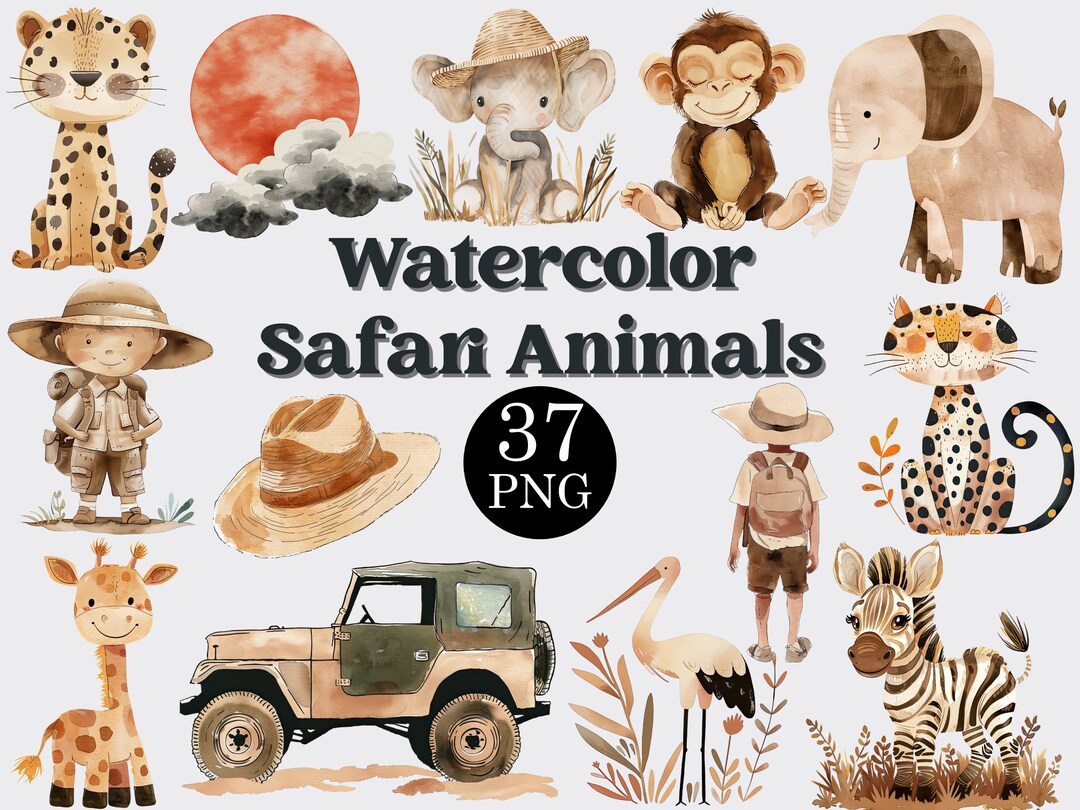 Watercolor Safari Animals Clipart Set of 37 PNG Files, Jungle Animals ...