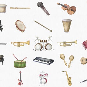 Watercolor Musical Instrument Clipart Set – 44 PNG, Music Clipart ...