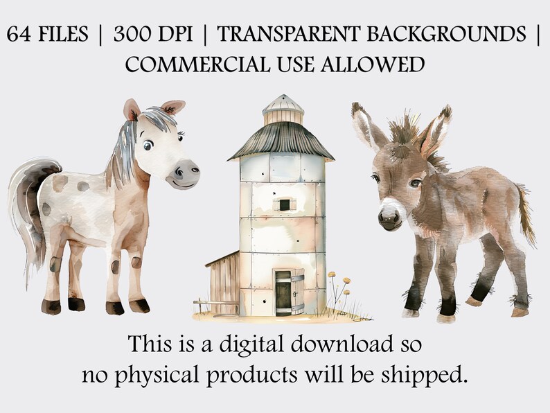 Watercolor Farm Animals Clipart Set of 64 PNG Files, Farm Clipart, Cute ...