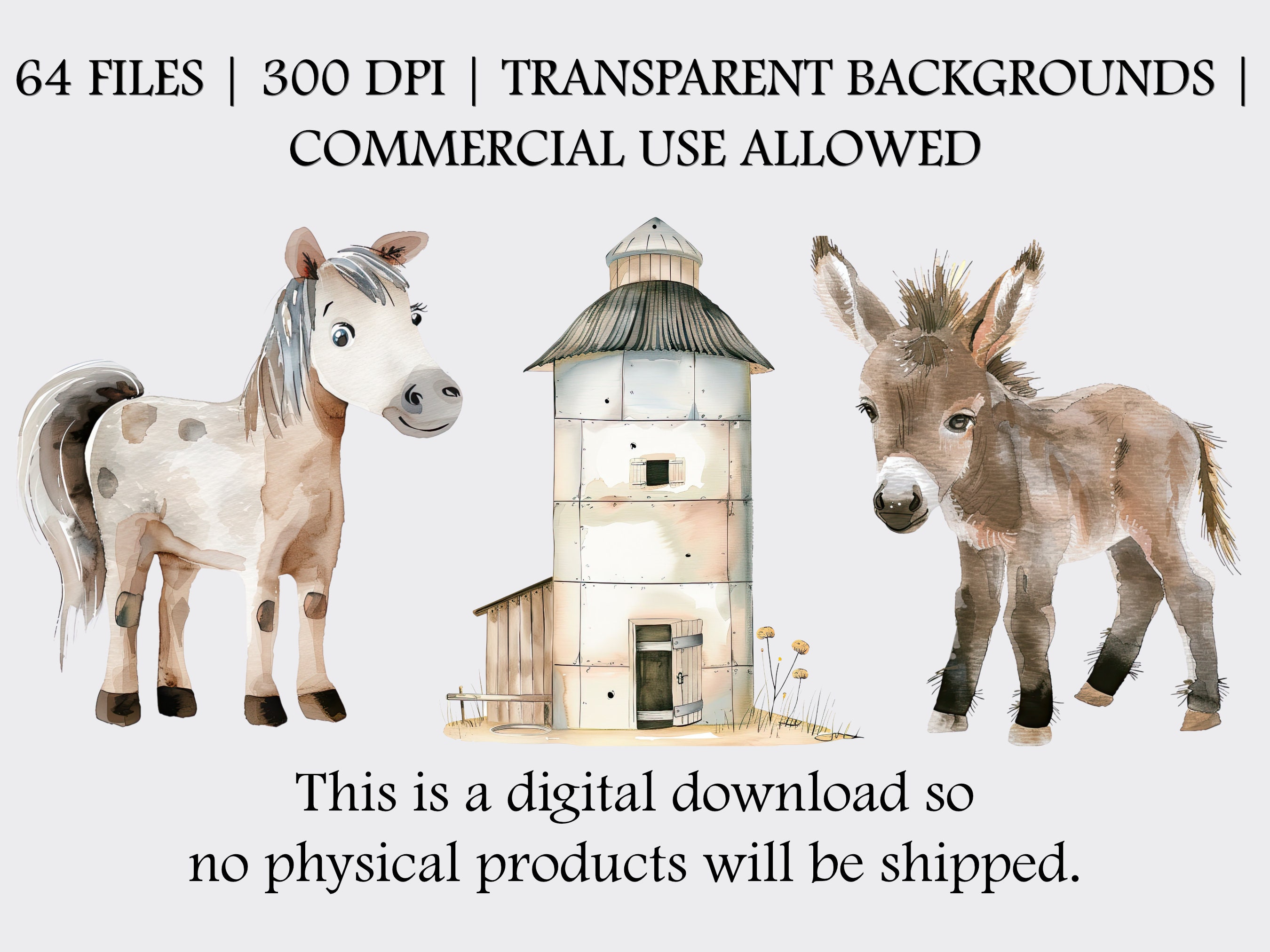 Watercolor Farm Animals Clipart Set of 64 PNG Files, Farm Clipart, Cute ...