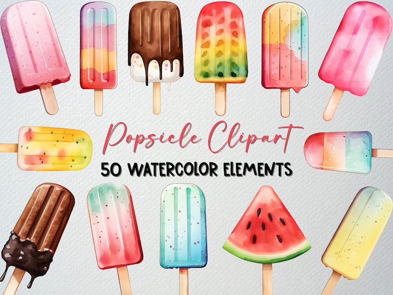Watercolor Popsicle Clipart Set of 50 PNG Files, Ice Cream Clipart ...