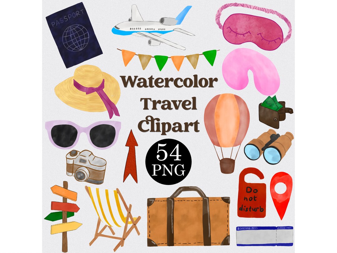 Watercolor Travel Clipart Set of 54 PNG Files, Vacation Clipart ...