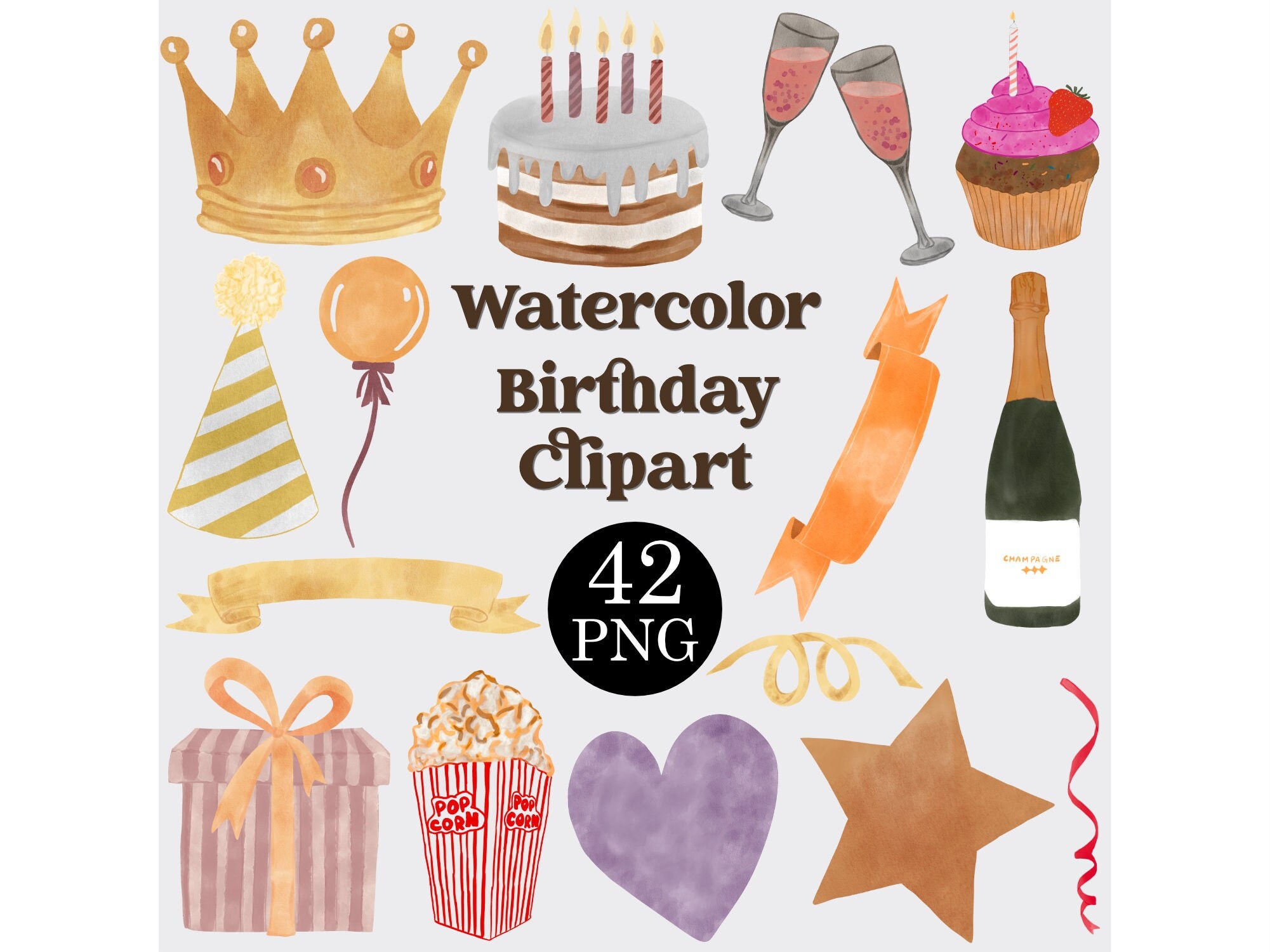 Watercolor Birthday Clipart Set of 42 PNG Files, Birthday Illustration ...