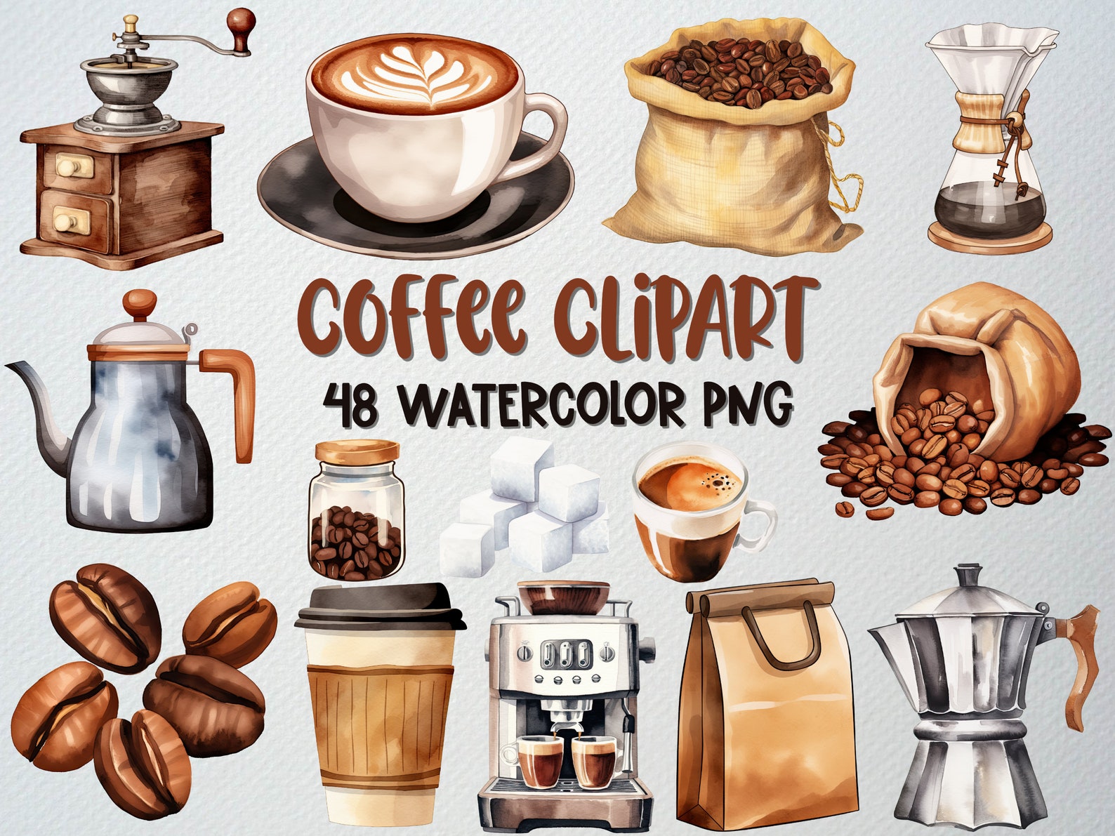 Watercolor Coffee Clipart Set of 48 PNG Files, Beverage Clipart ...