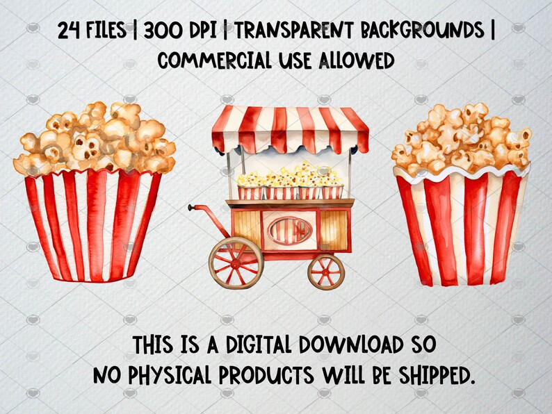 Watercolor Popcorn Clipart Set of 24 PNG Files, Popcorn Bucket Clipart ...