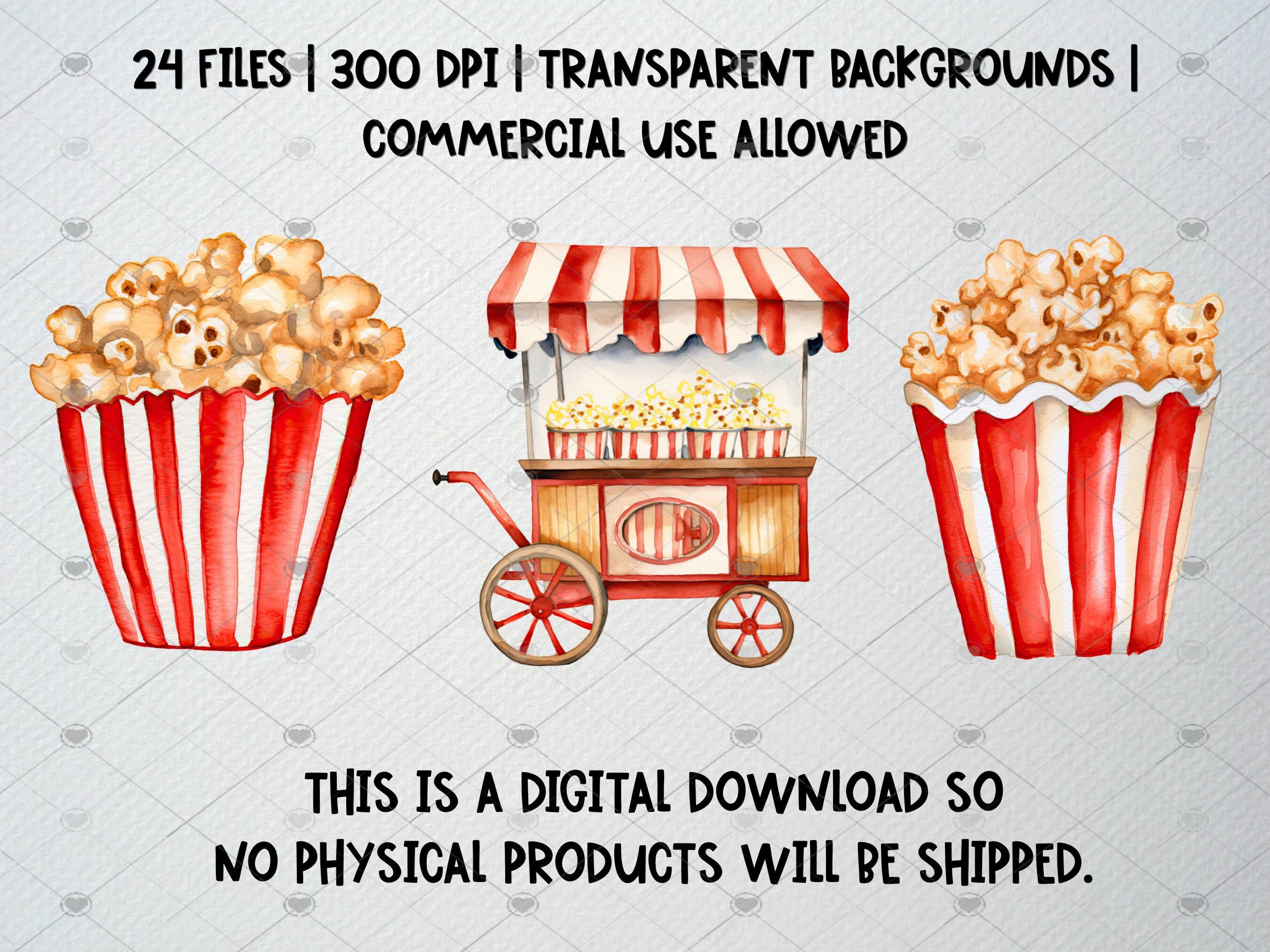 Watercolor Popcorn Clipart Set of 24 PNG Files, Popcorn Bucket Clipart ...