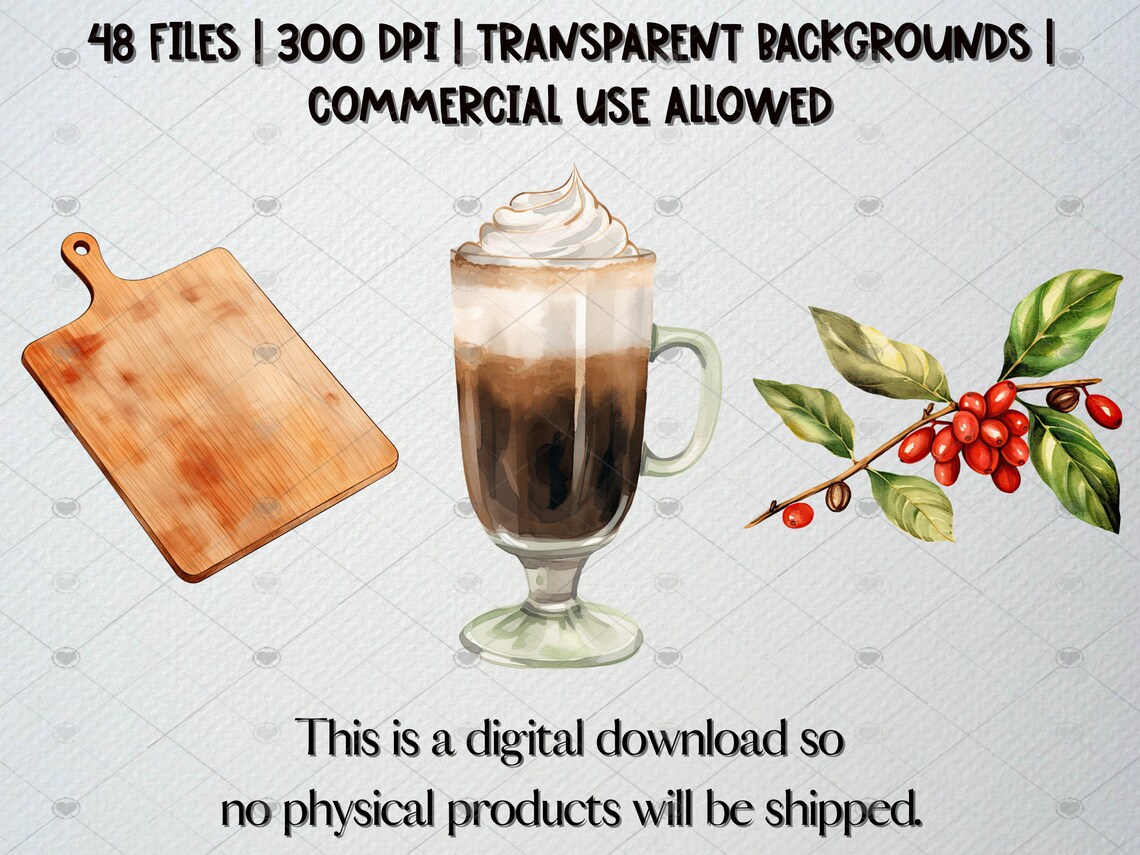 Watercolor Coffee Clipart Set of 48 PNG Files, Beverage Clipart ...