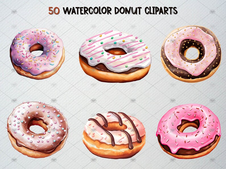 Watercolor Donut Clipart Set of 50 PNG Files, Doughnut Clipart, Sweets ...