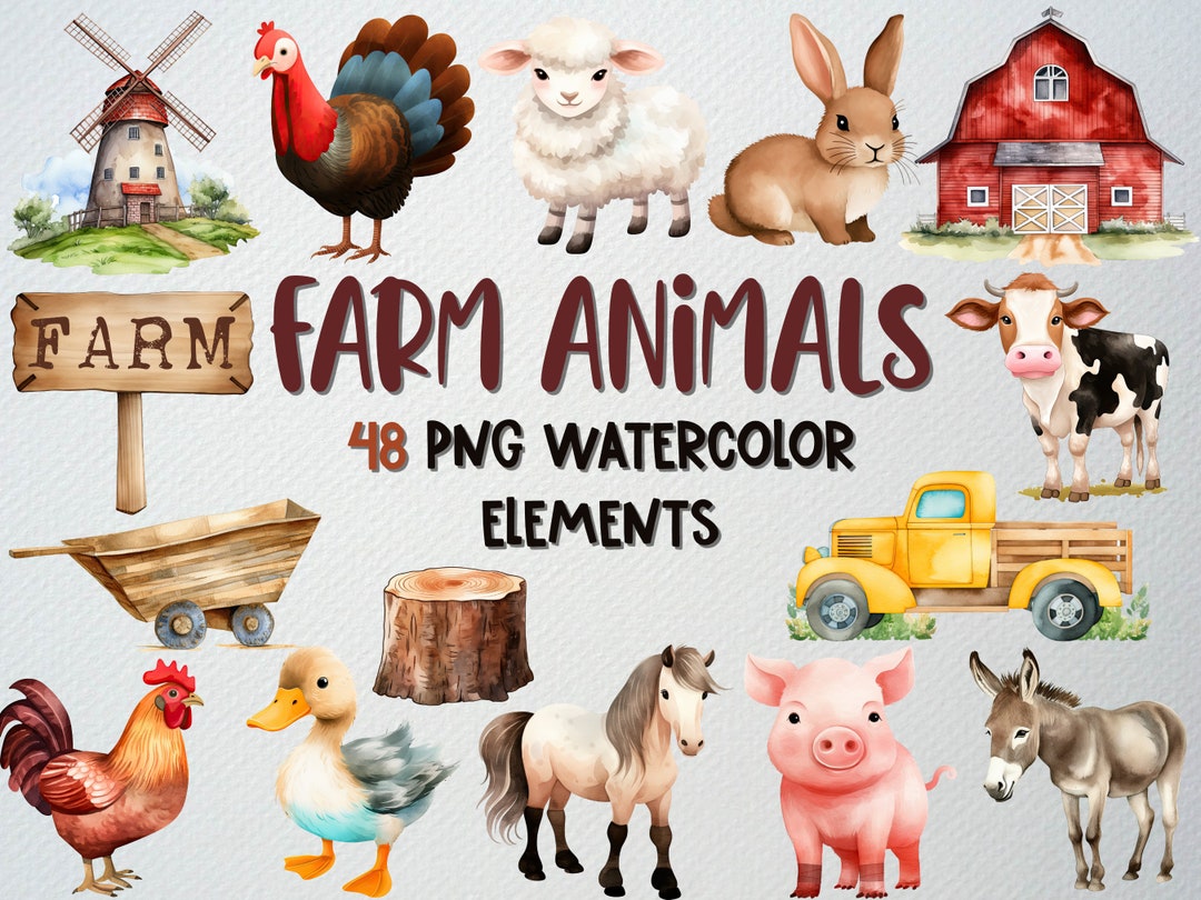 Watercolor Farm Animals Clipart Set of 48 PNG Files, Farm Clipart Set ...