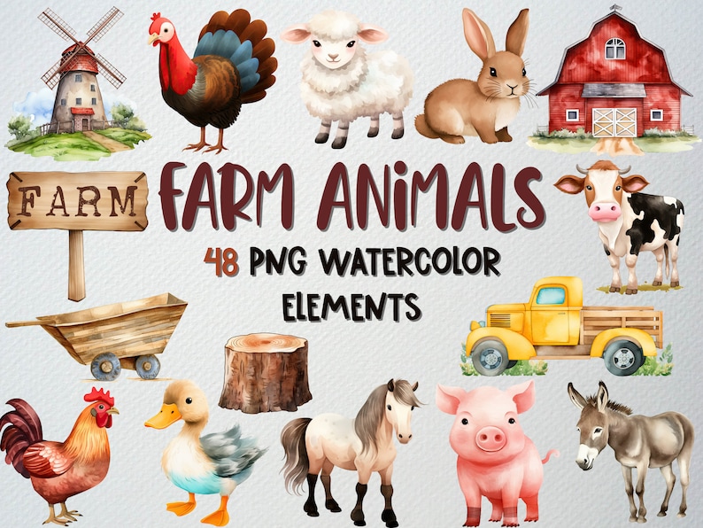 Watercolor Farm Animals Clipart Set of 48 PNG Files, Farm Clipart Set ...