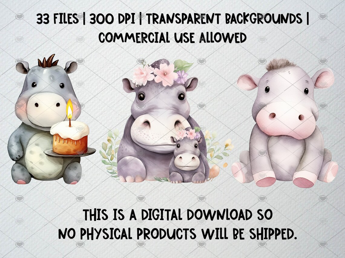 Watercolor Hippo Clipart Set of 33 PNG, Hippopotamus Clipart, Baby ...