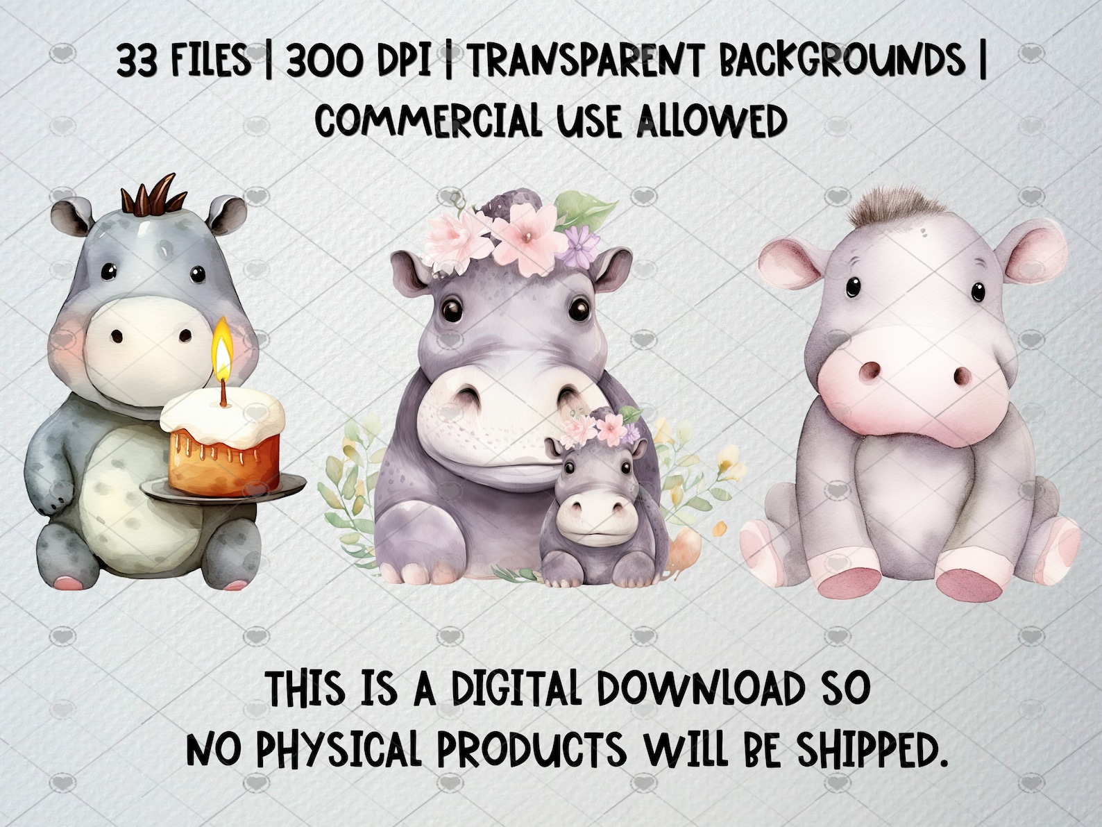 Watercolor Hippo Clipart Set of 33 PNG, Hippopotamus Clipart, Baby ...