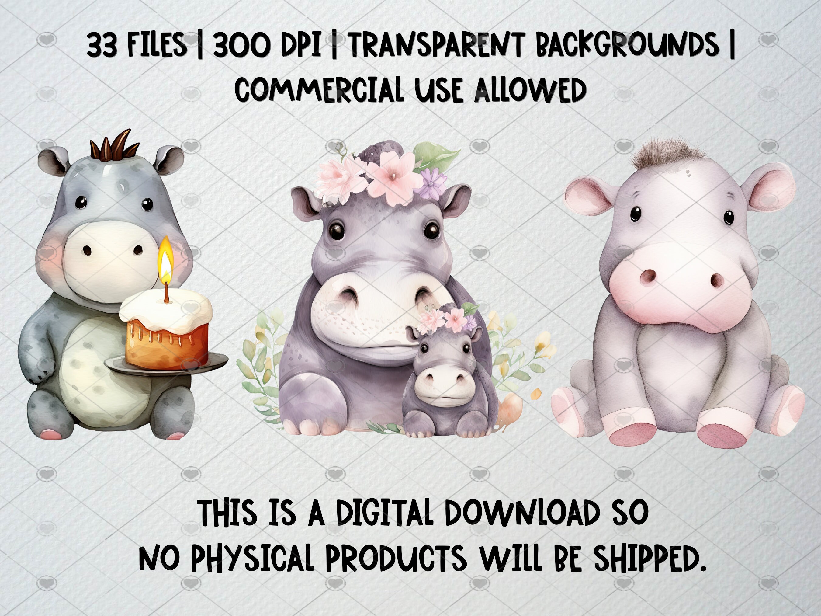 Watercolor Hippo Clipart Set of 33 PNG, Hippopotamus Clipart, Baby ...