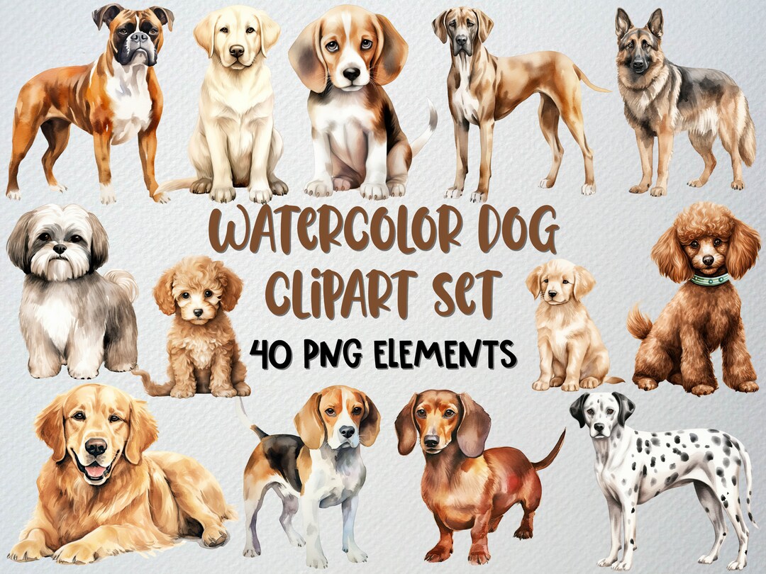 Watercolor Dog Clipart Set of 40 PNG Files, Dog Breed Clipart, Pet ...