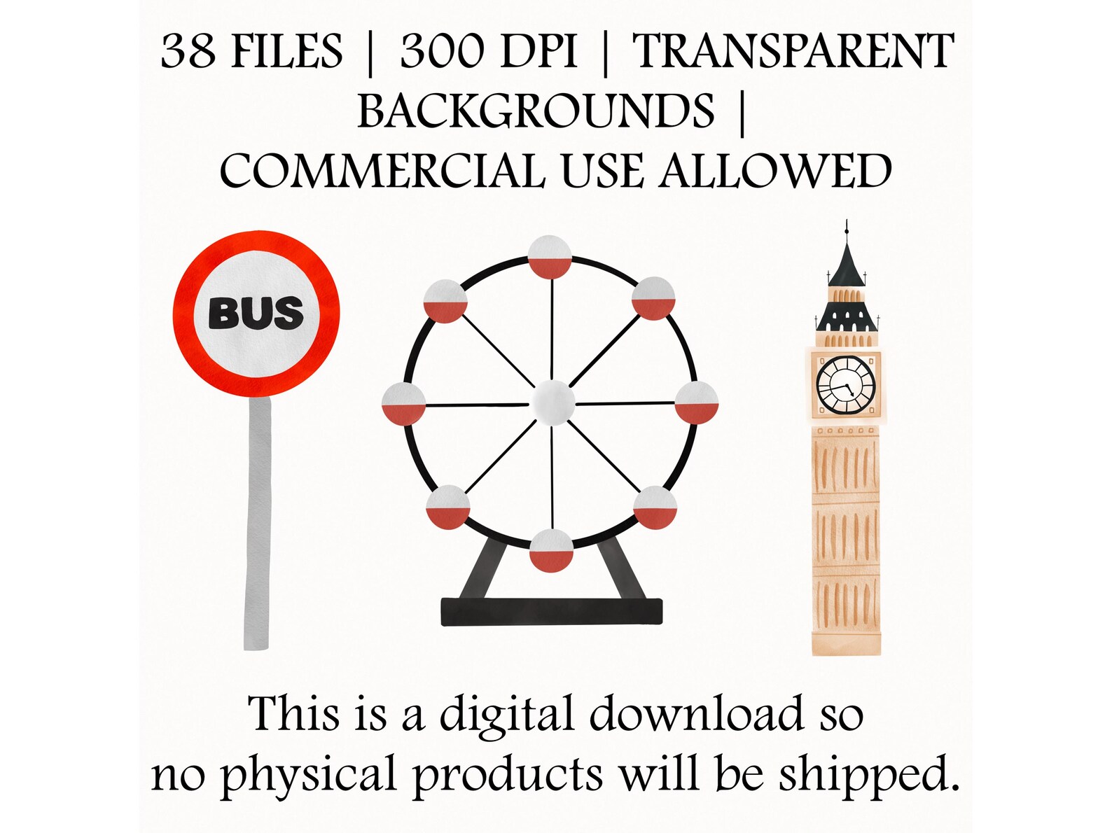 Watercolor London Clipart Set of 38 PNG, Landmark Clipart, British ...