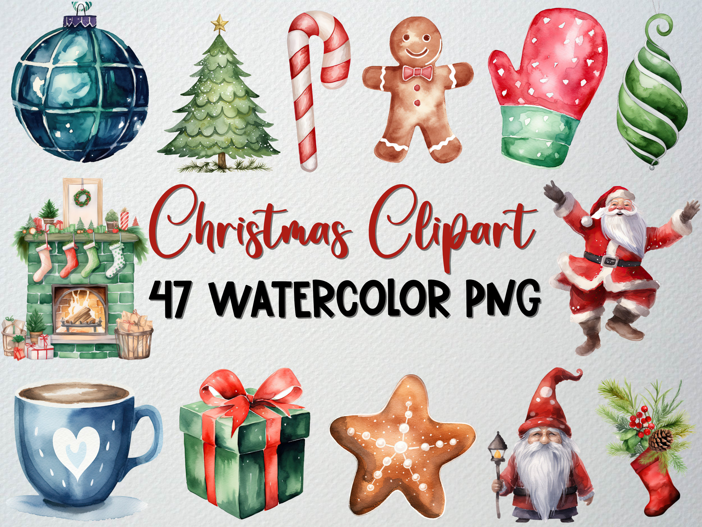 Watercolor Christmas Clipart Set of 47 PNG Files, Santa Claus Clipart ...