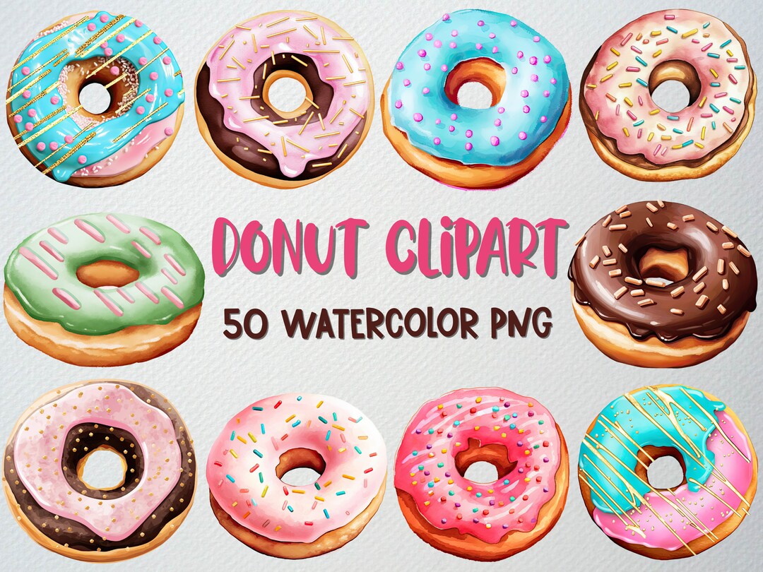 Watercolor Donut Clipart Set of 50 PNG Files, Doughnut Clipart, Sweets ...