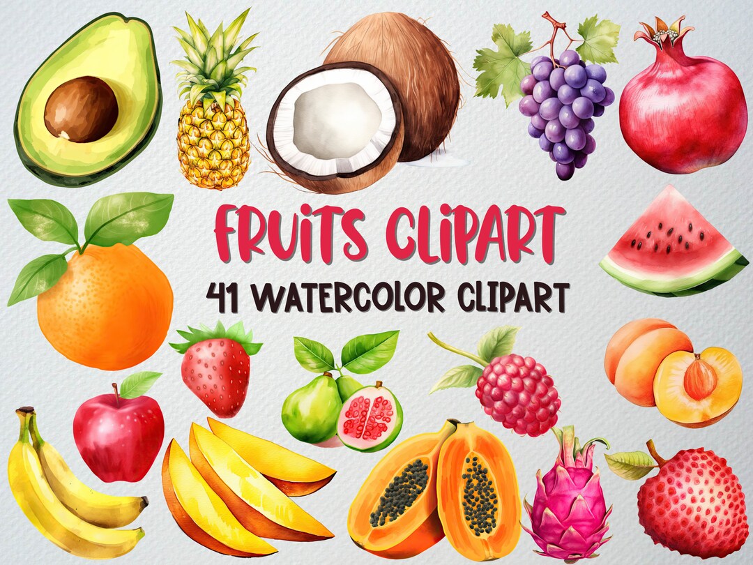 Watercolor Fruits Clipart Set of 41 PNG Files, Summer Clipart, Cute ...