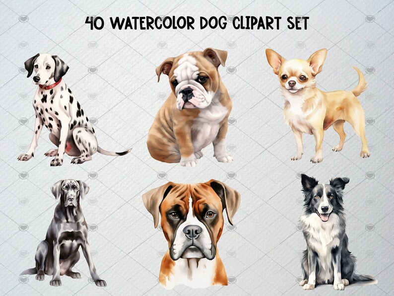 Watercolor Dog Clipart Set of 40 PNG Files, Dog Breed Clipart, Pet ...