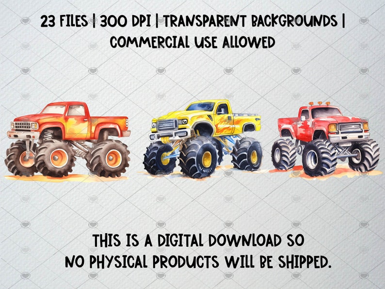 Watercolor Monster Truck Clipart Set: 23 PNG Files - Etsy