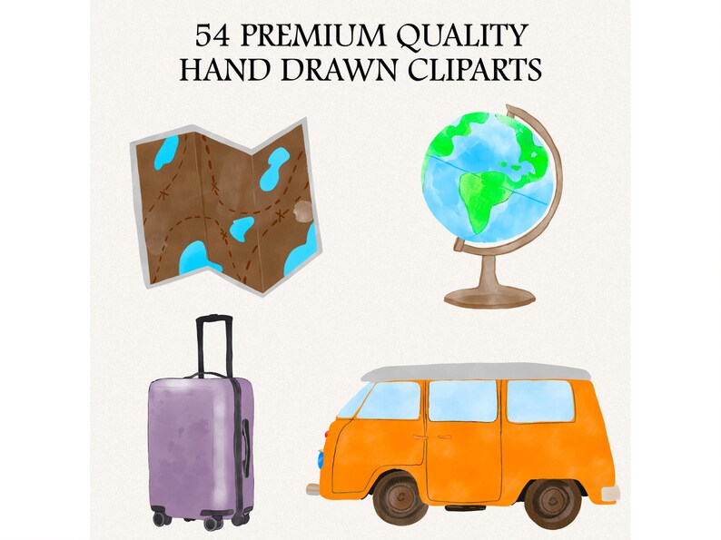 Watercolor Travel Clipart Set of 54 PNG Files, Vacation Clipart ...