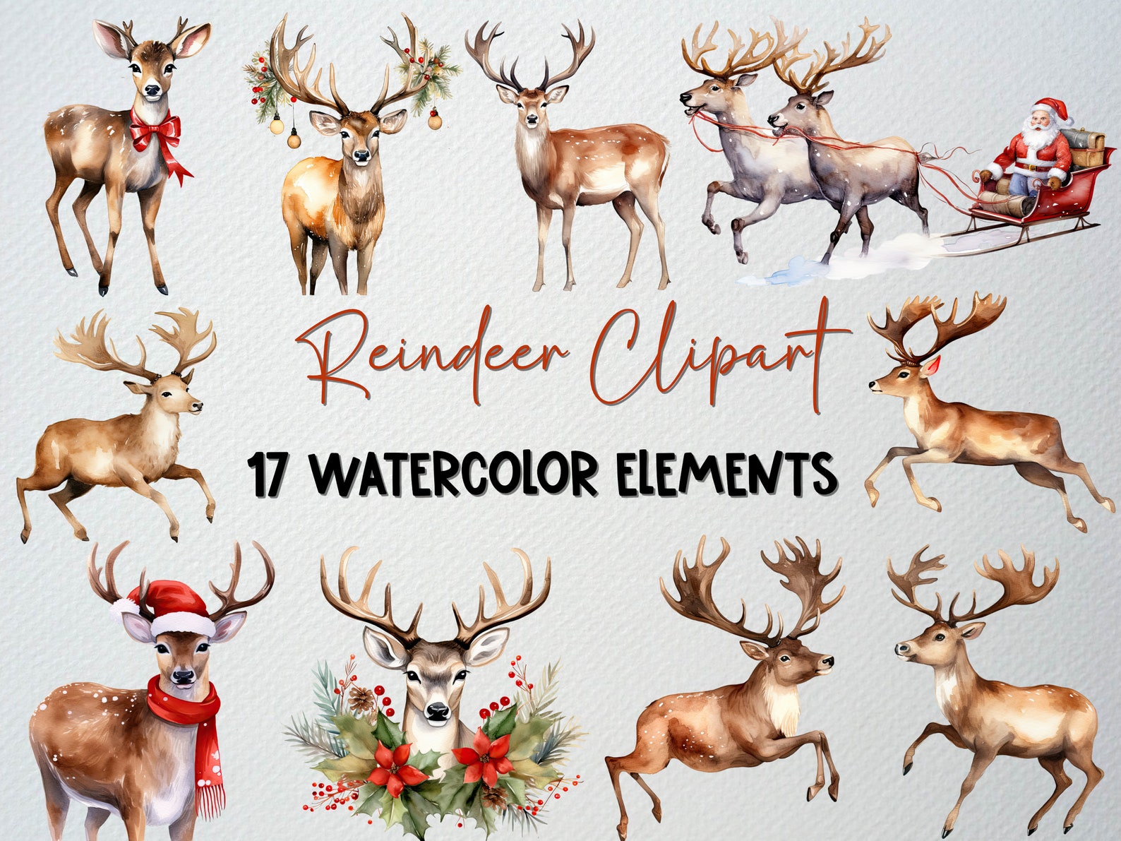 Watercolor Reindeer Clipart Set of 17 PNG Files, Christmas Clipart ...