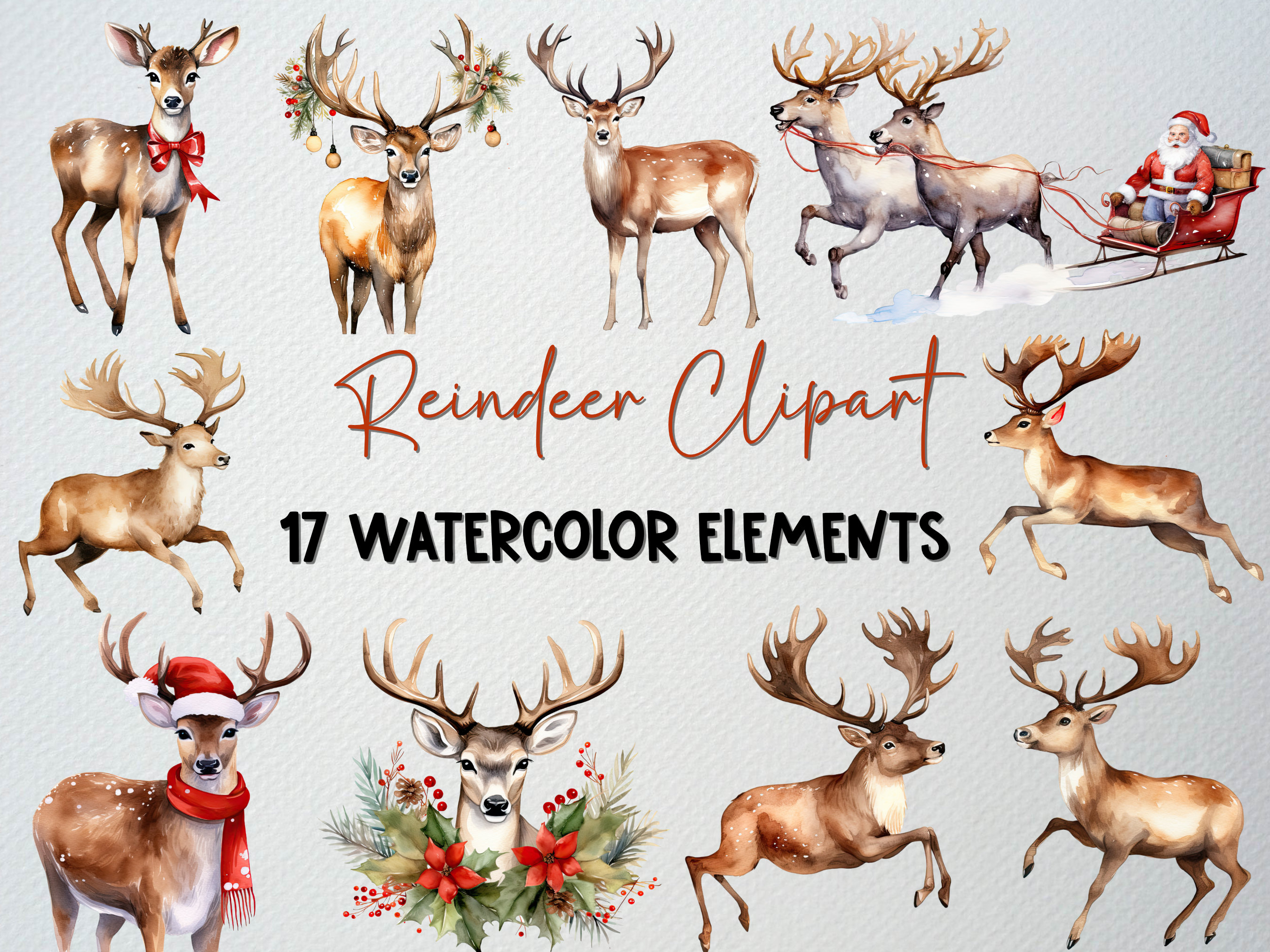 Watercolor Reindeer Clipart Set of 17 PNG Files, Christmas Clipart ...