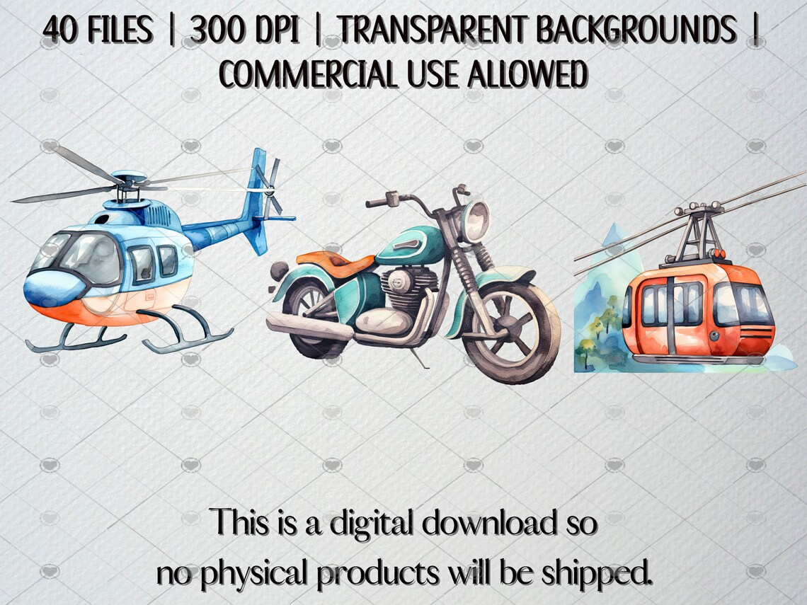 Watercolor Transportation Clipart Set of 40 PNG Files - Etsy