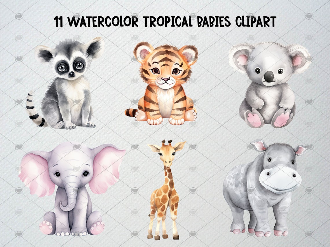 Watercolor Tropical Babies Clipart Set of 11 PNG Files, Baby Animals ...