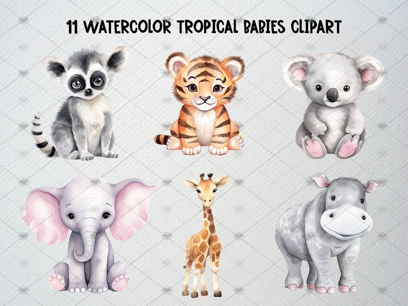 Watercolor Tropical Babies Clipart Set of 11 PNG Files, Baby Animals ...