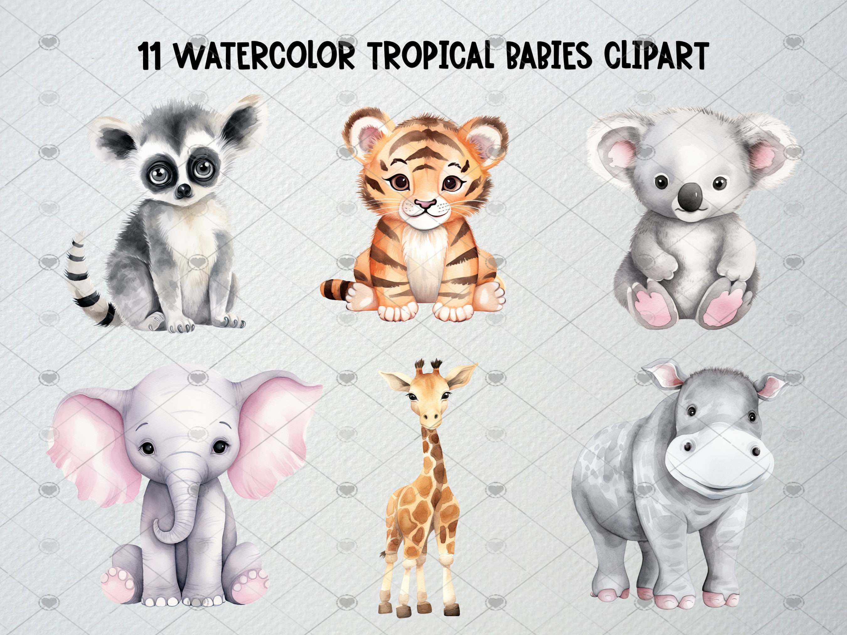 Watercolor Tropical Babies Clipart Set of 11 PNG Files, Baby Animals ...