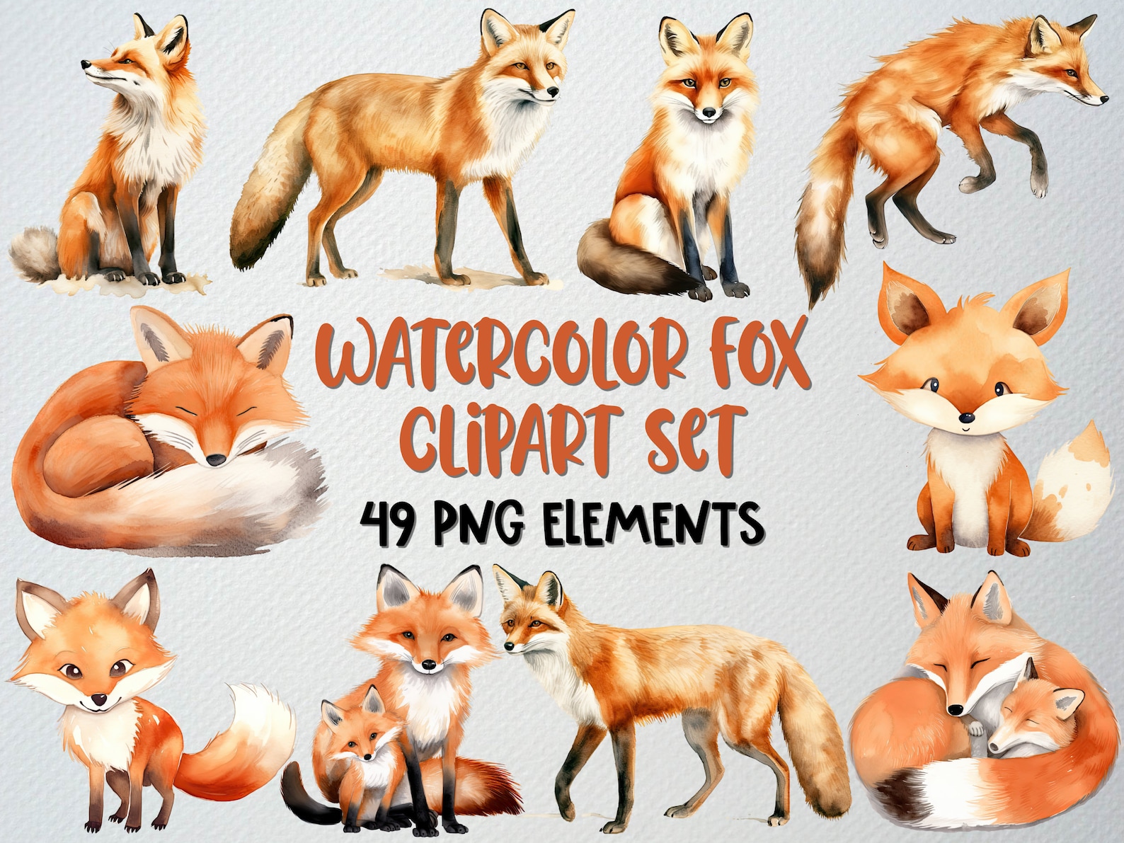 Watercolor Fox Clipart Set of 49 PNG Files, Cute Fox Clipart, Baby Fox ...