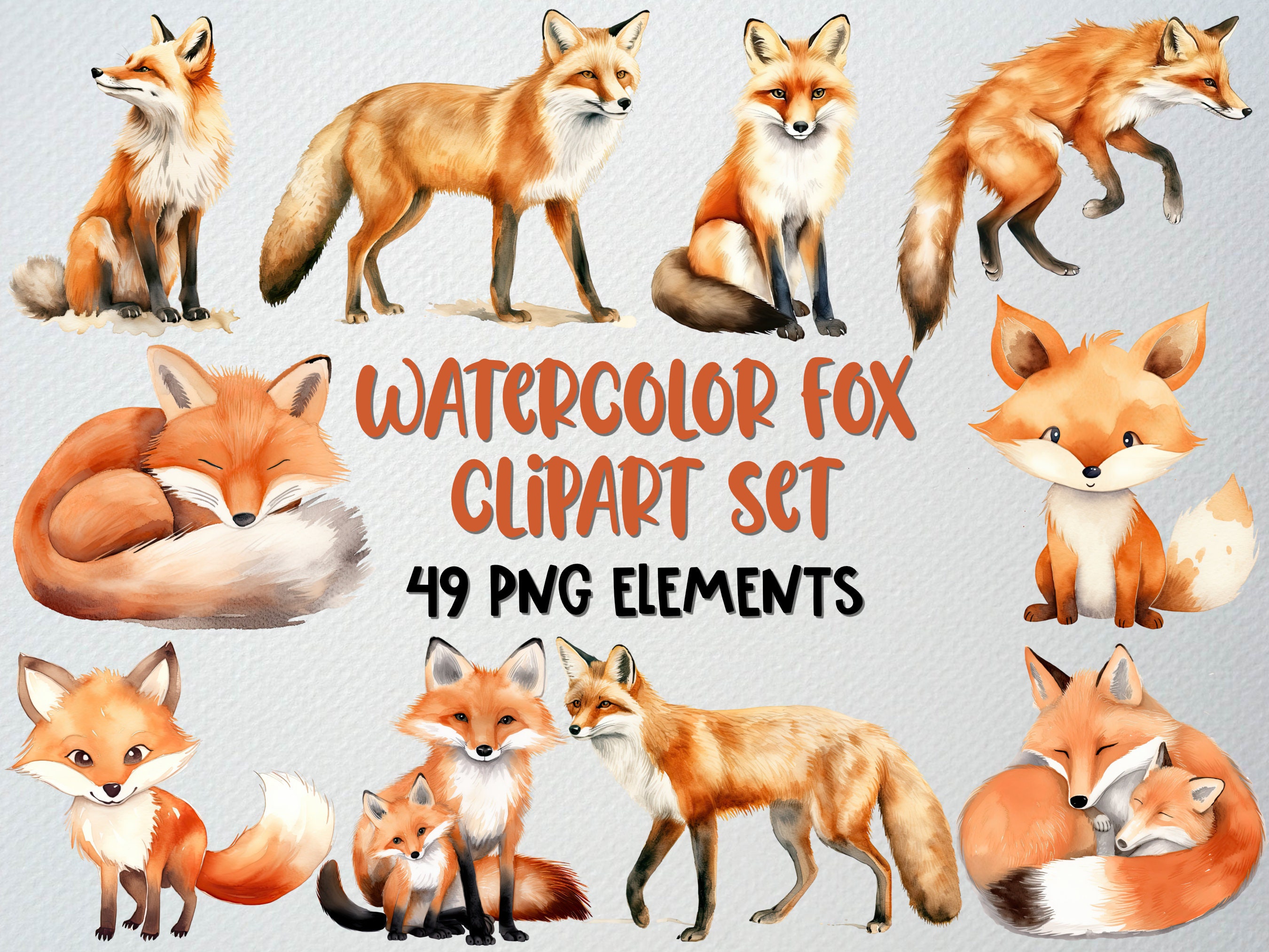 Watercolor Fox Clipart Set of 49 PNG Files, Cute Fox Clipart, Baby Fox ...