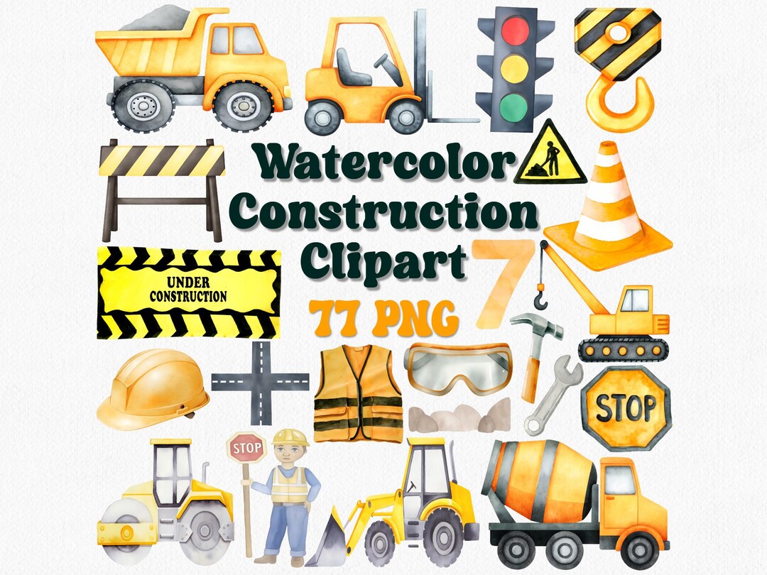 Watercolor Construction Clipart Set: Trucks, Numbers (PNG Digital ...