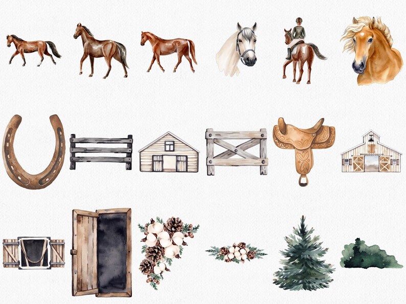 Watercolor Horse Clipart Set: Rustic Farm Animal Pngs (digital Download ...