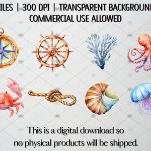 Watercolor Nautical Clipart Set, 30 PNG, Marine Clipart, Ocean Sea ...