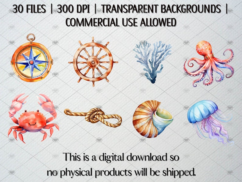 Watercolor Nautical Clipart Set, 30 PNG, Marine Clipart, Ocean Sea ...
