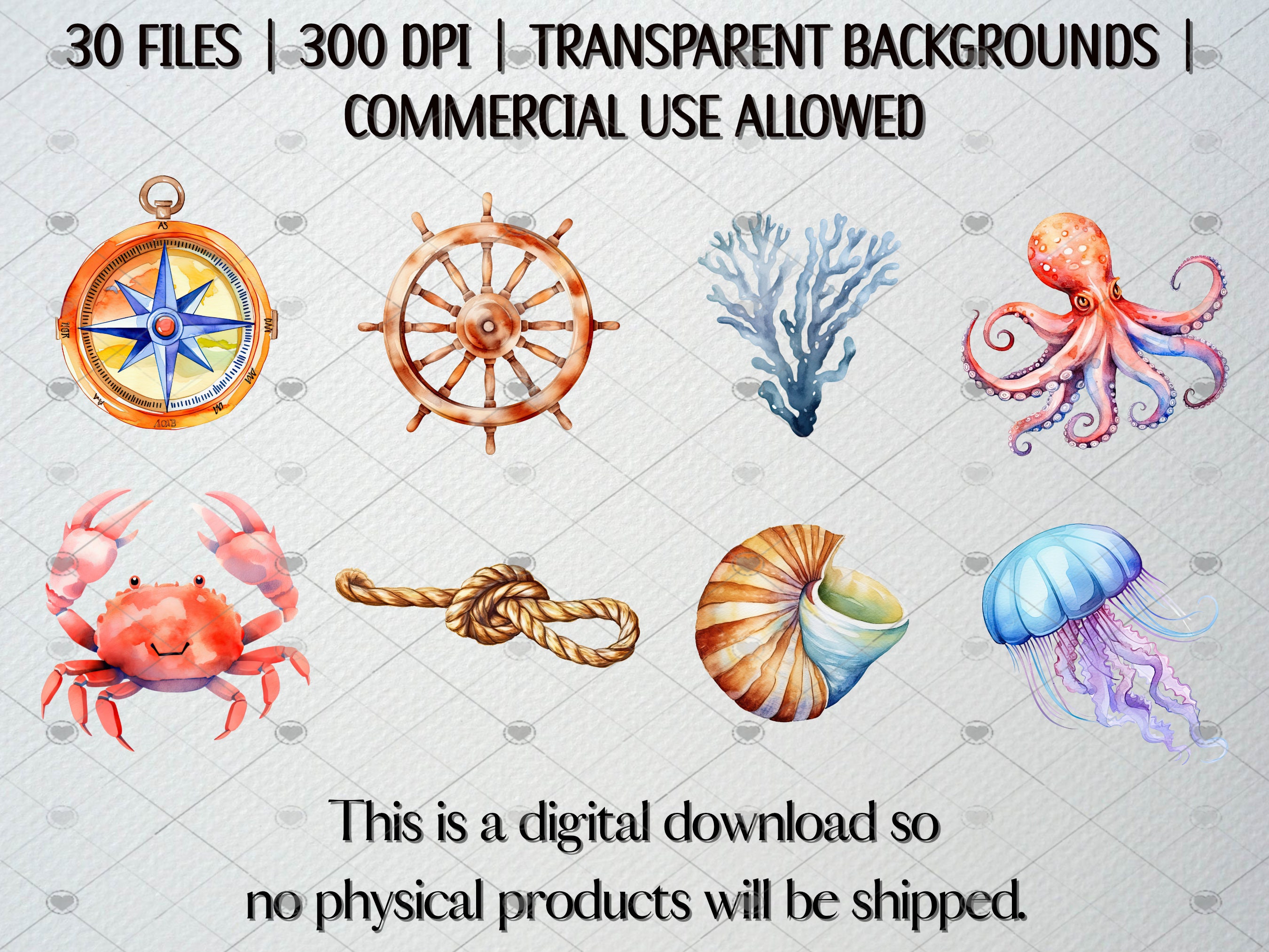 Watercolor Nautical Clipart Set, 30 PNG, Marine Clipart, Ocean Sea ...