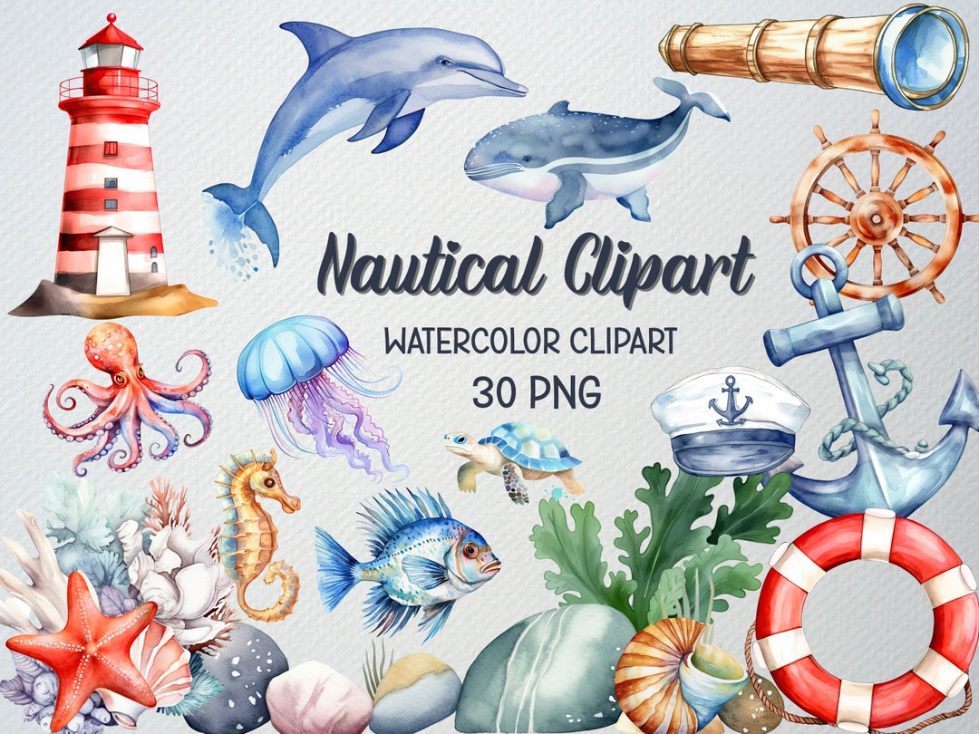 Watercolor Nautical Clipart Set, 30 PNG, Marine Clipart, Ocean Sea ...