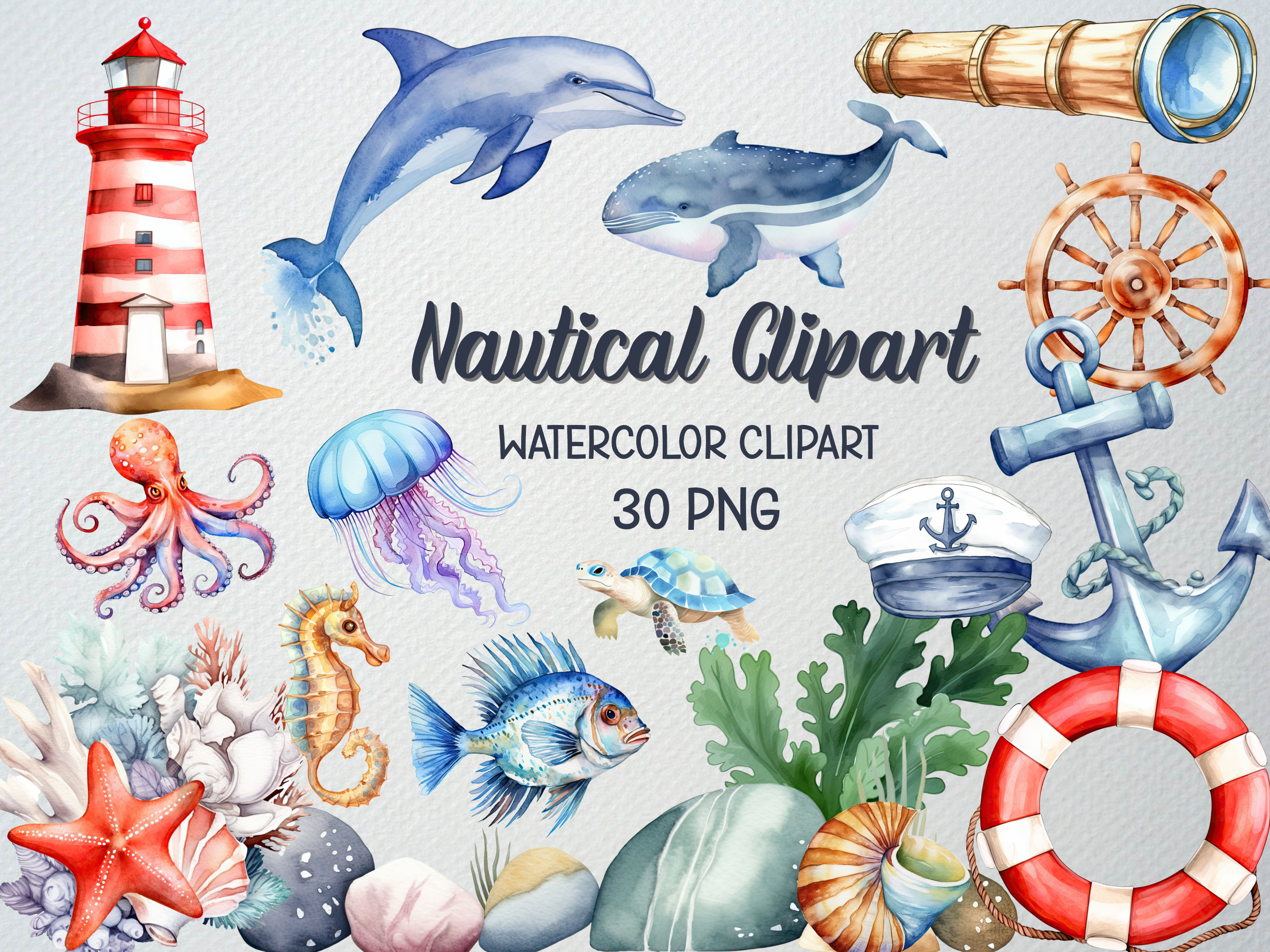 Watercolor Nautical Clipart Set, 30 PNG, Marine Clipart, Ocean Sea ...
