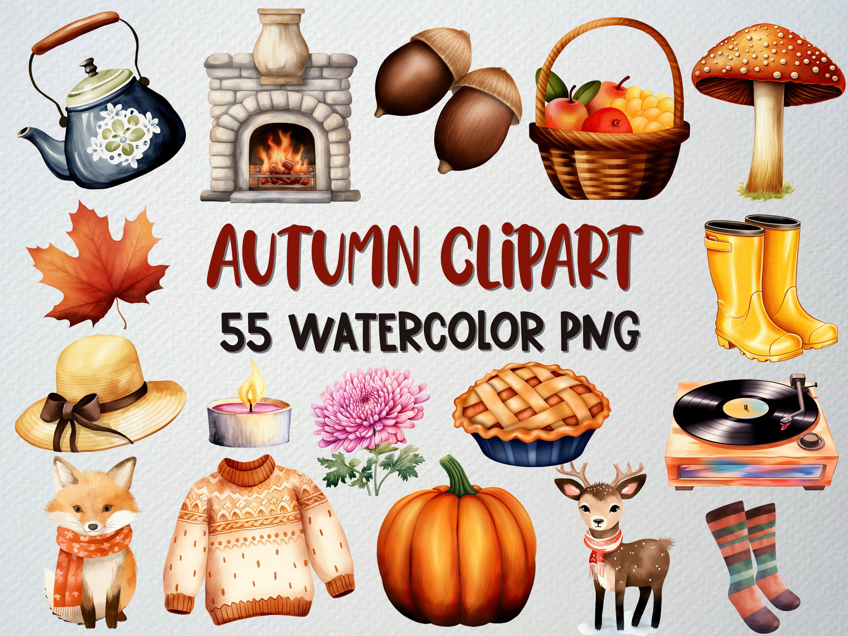 Watercolor Autumn Clipart Set of 55 PNG Files, Fall Clipart, Autumn Png ...
