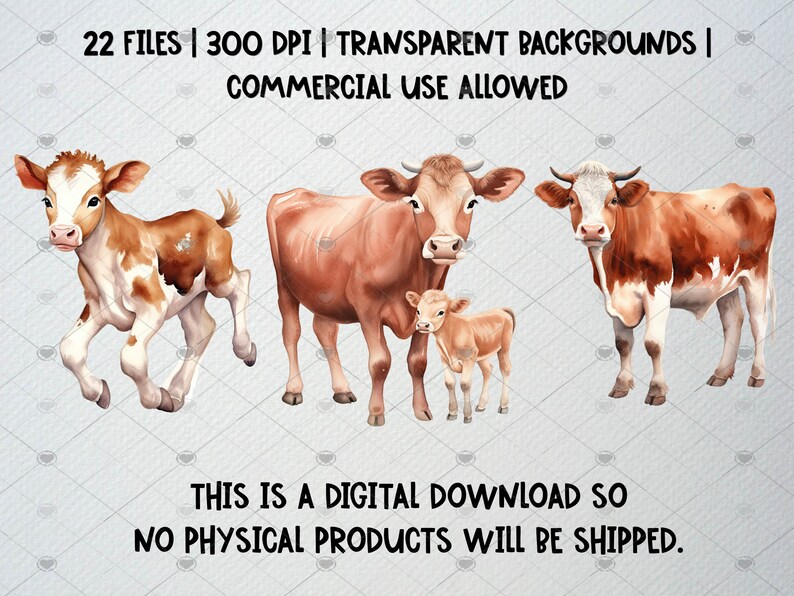 Watercolor Cow Clipart Set of 22 PNG Files, Cow Illustration, Baby Cow ...